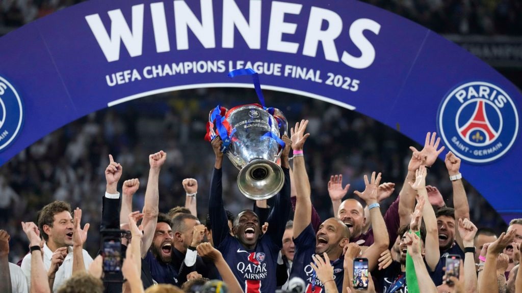 PSG players celebrate with the Champions League trophy 2025, May 31 ...